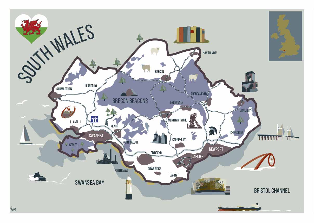 Map of South Wales Art Print - Ed Lewis Art and Design - Buy now